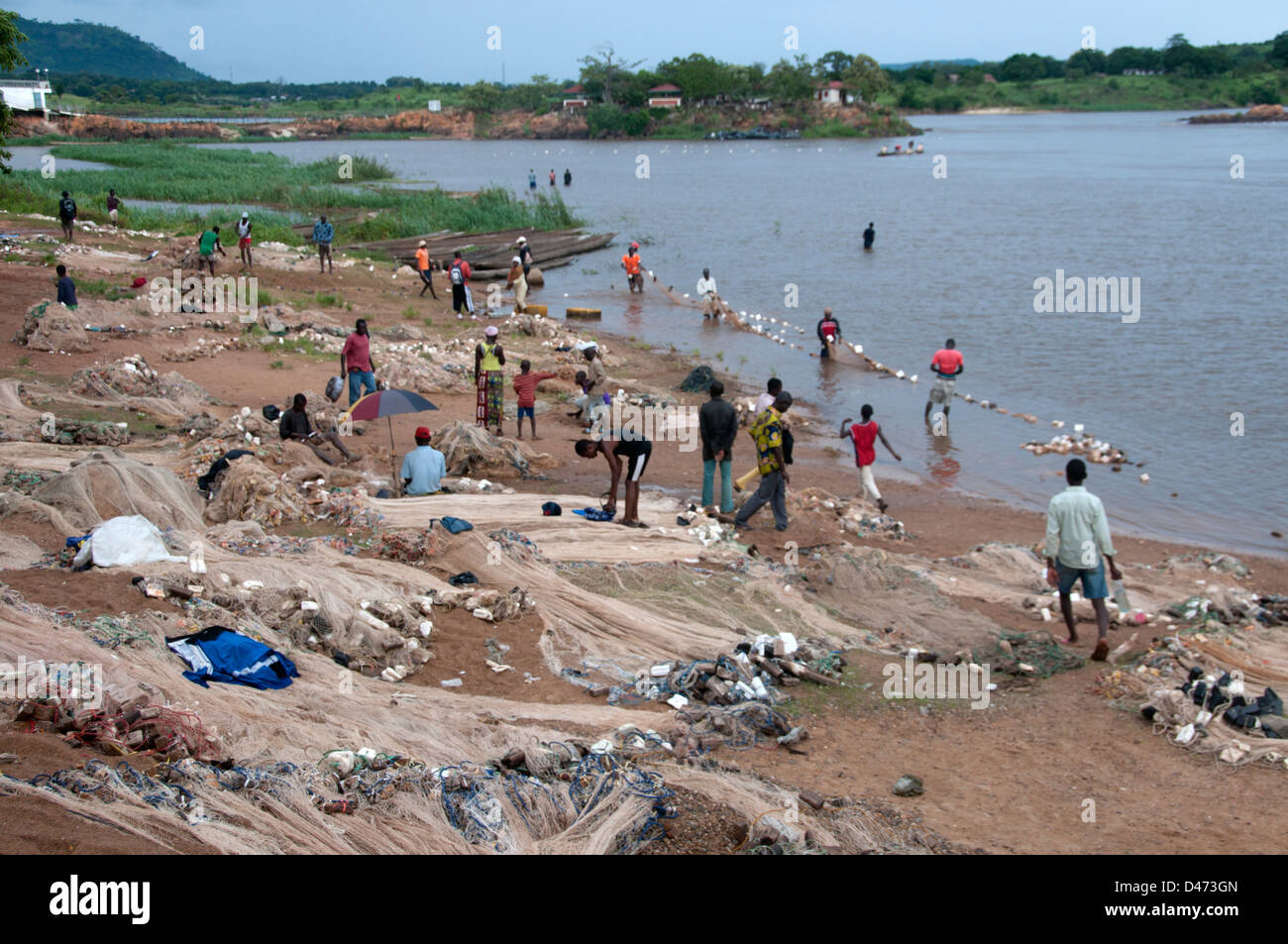 Central African Republic. August 2012. Bangui. Fishing nets on the bank ...