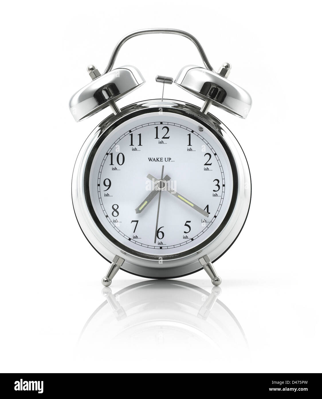Silver alarm clock cut out on white background Stock Photo - Alamy