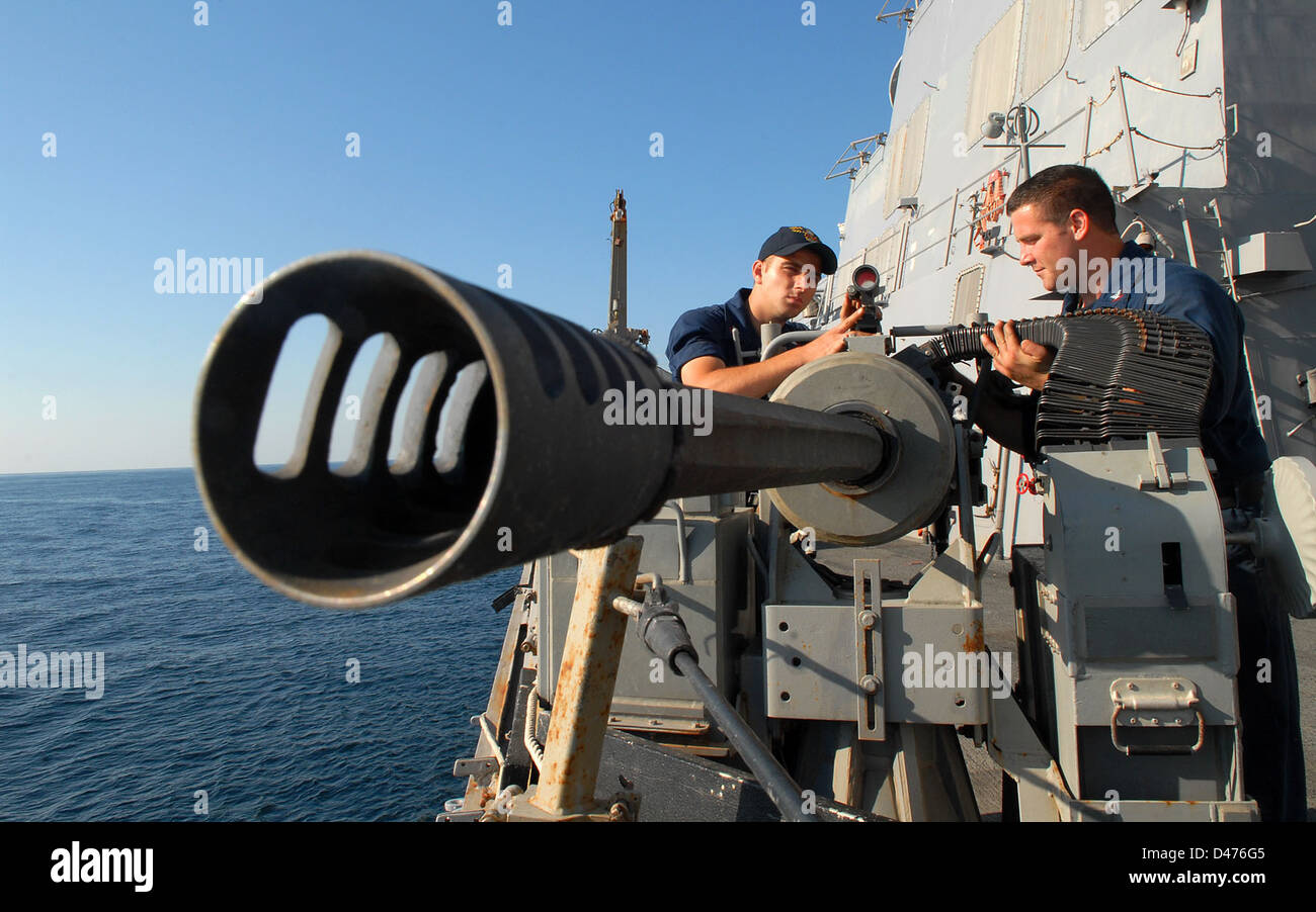 Navy gunner's mates aboard the USS Shoup inspect a 25mm machine gun ...