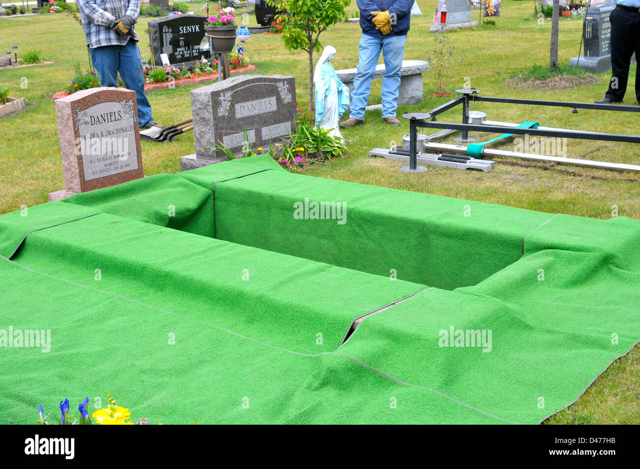 Funeral ending at cemetary gravesite with mourners and pallbearers ...