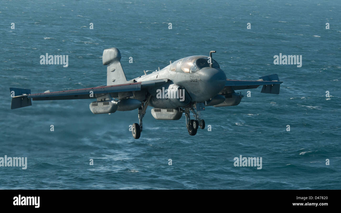 An EA-6B Prowler approaches the USS John C. Stennis for a landing ...