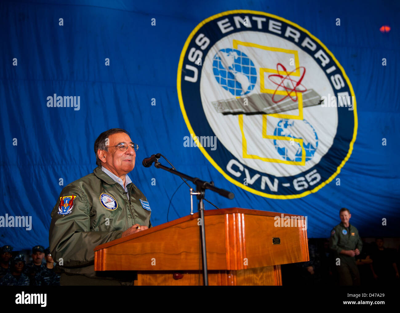 Secretary of Defense Leon E. Panetta addresses Sailors aboard the USS ...
