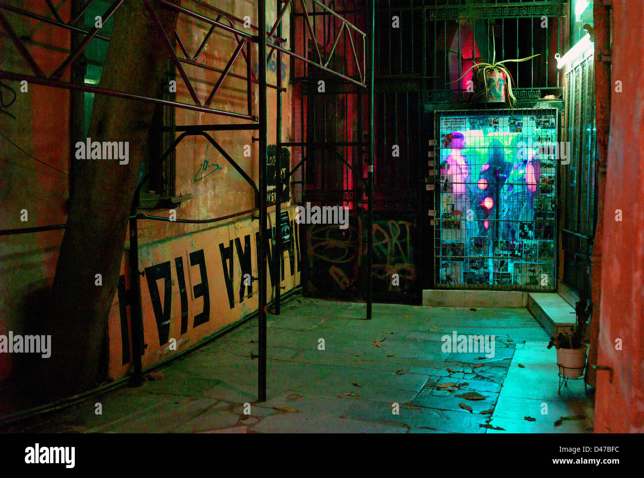 Bright lights in a back alley, Athens, Greece Stock Photo - Alamy