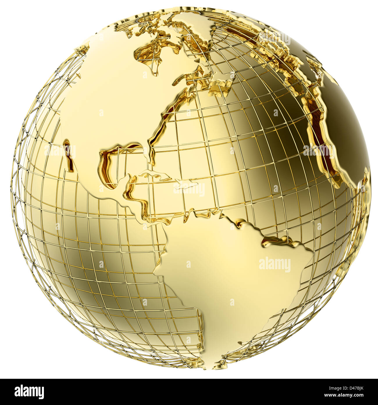 Earth in solid gold isolated on white (3d mesh map derived from NASA ...