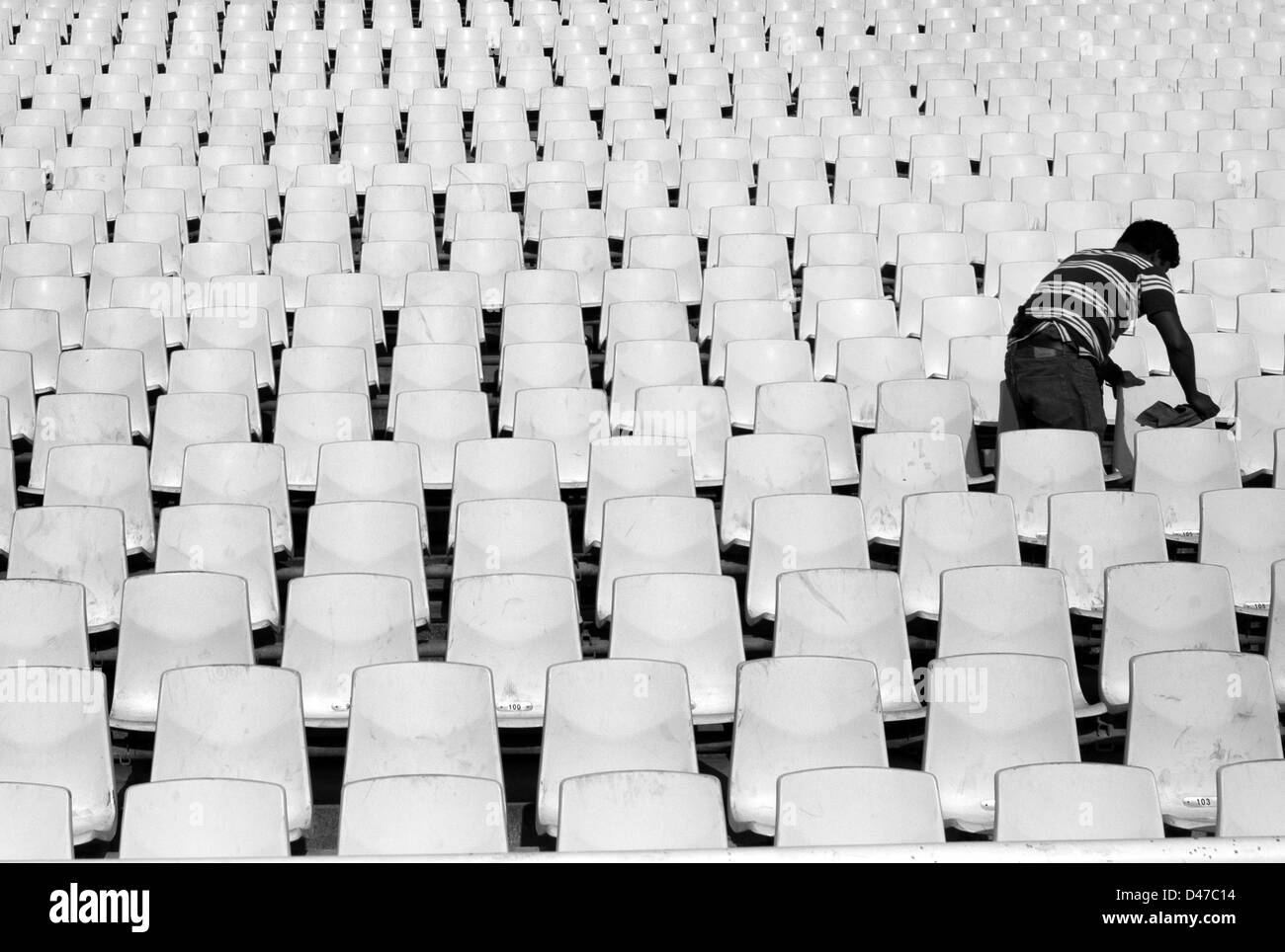Cleaning seats in the Olympic Stadium, Athens, Greece Stock Photo - Alamy