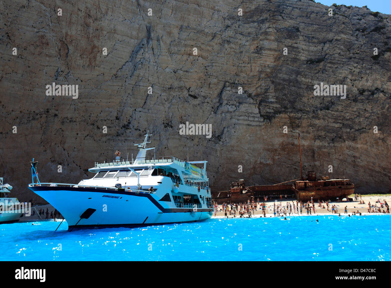View of Navagio Beach also known as Shipwreck Cove or Smugglers bay ...