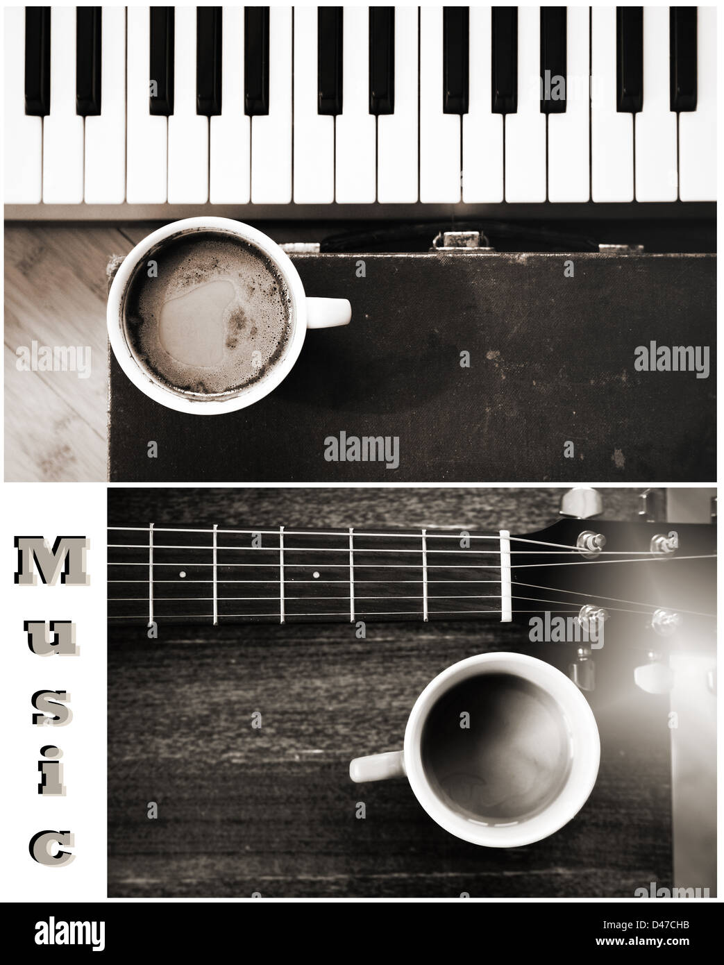 Music, collage cup of coffee and music instruments Stock Photo - Alamy