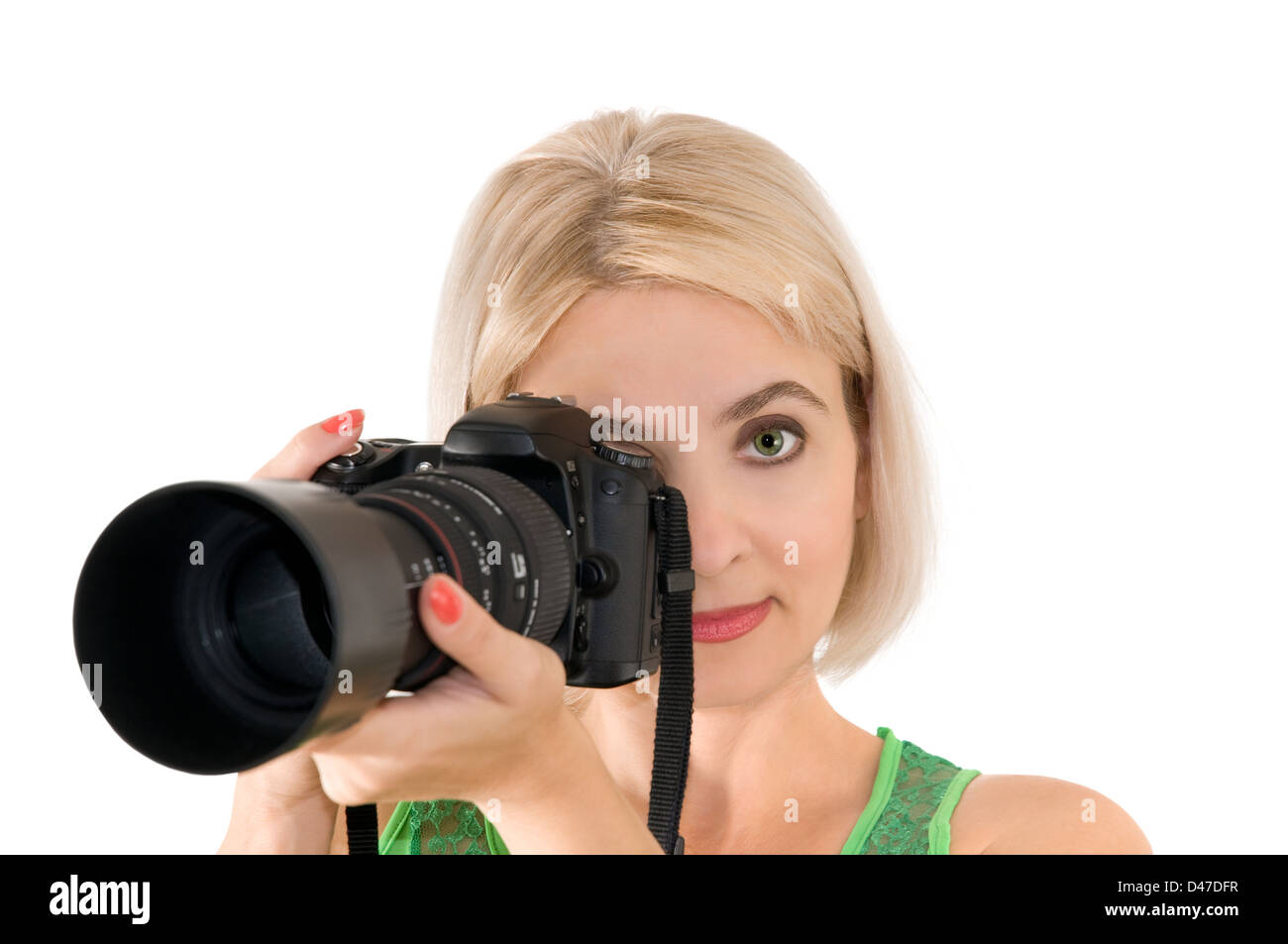 The lady - photographer is photographed on the white background Stock ...