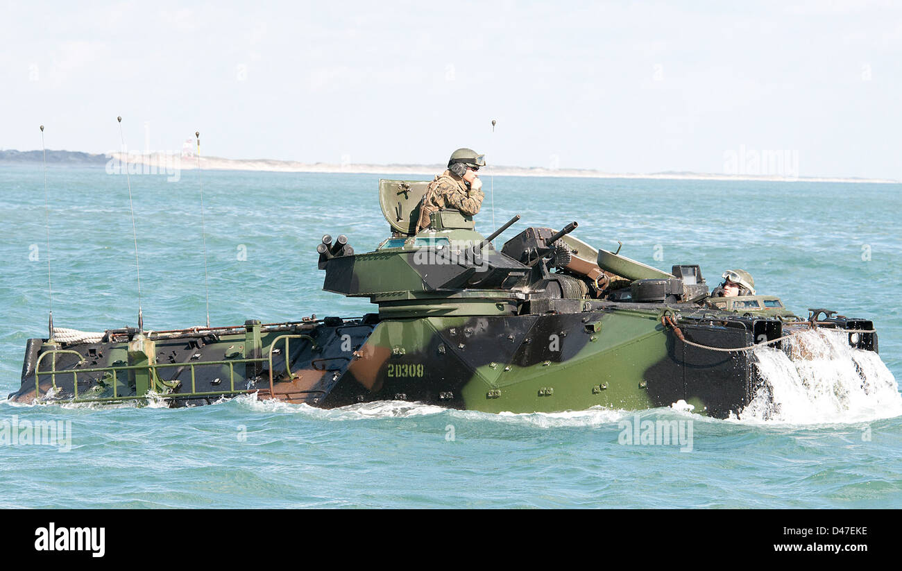 A Marine navigates an amphibious assault vehicle during the Bold ...