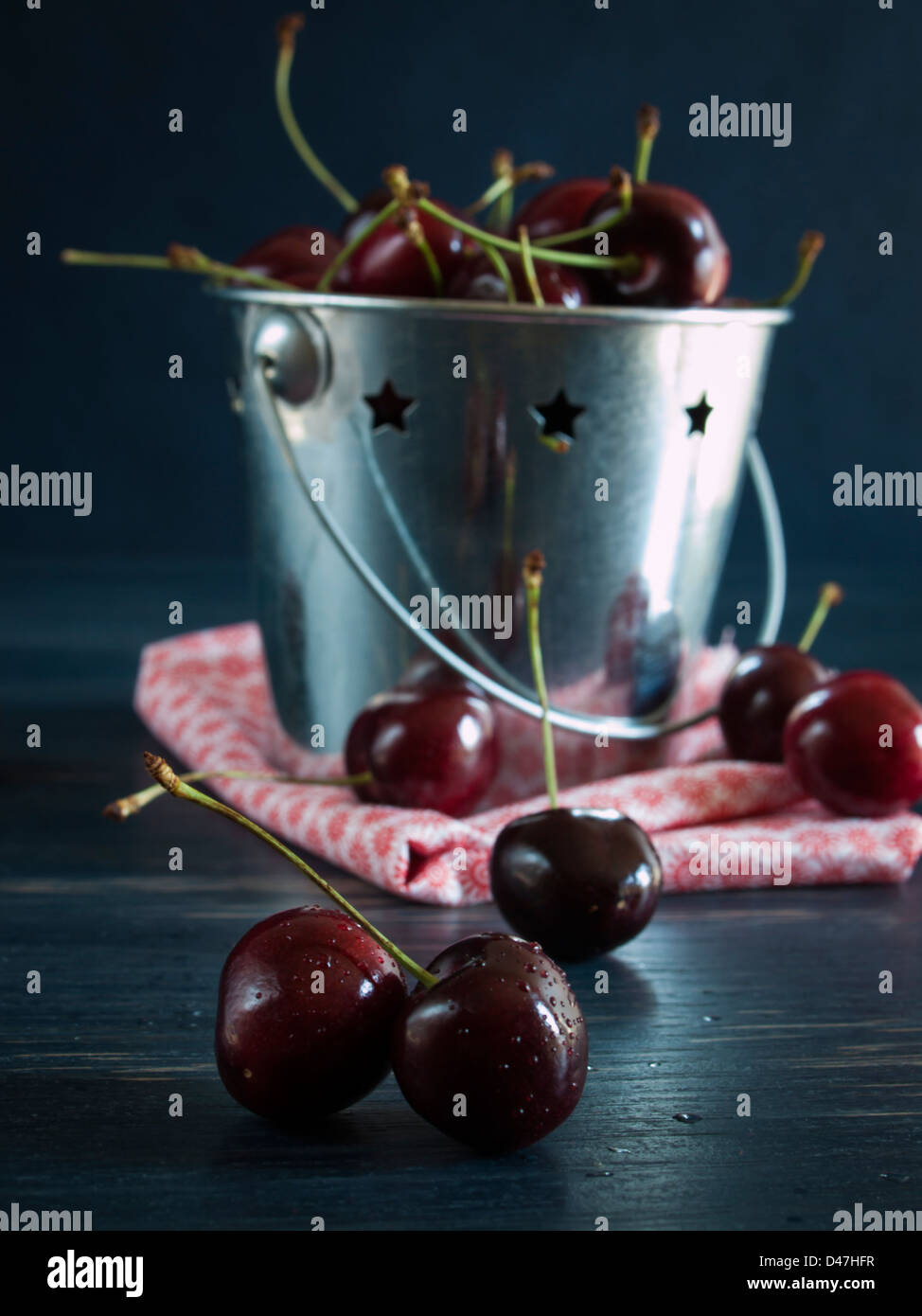 Freshly picked heap of cherries in metal bucket Stock Photo - Alamy
