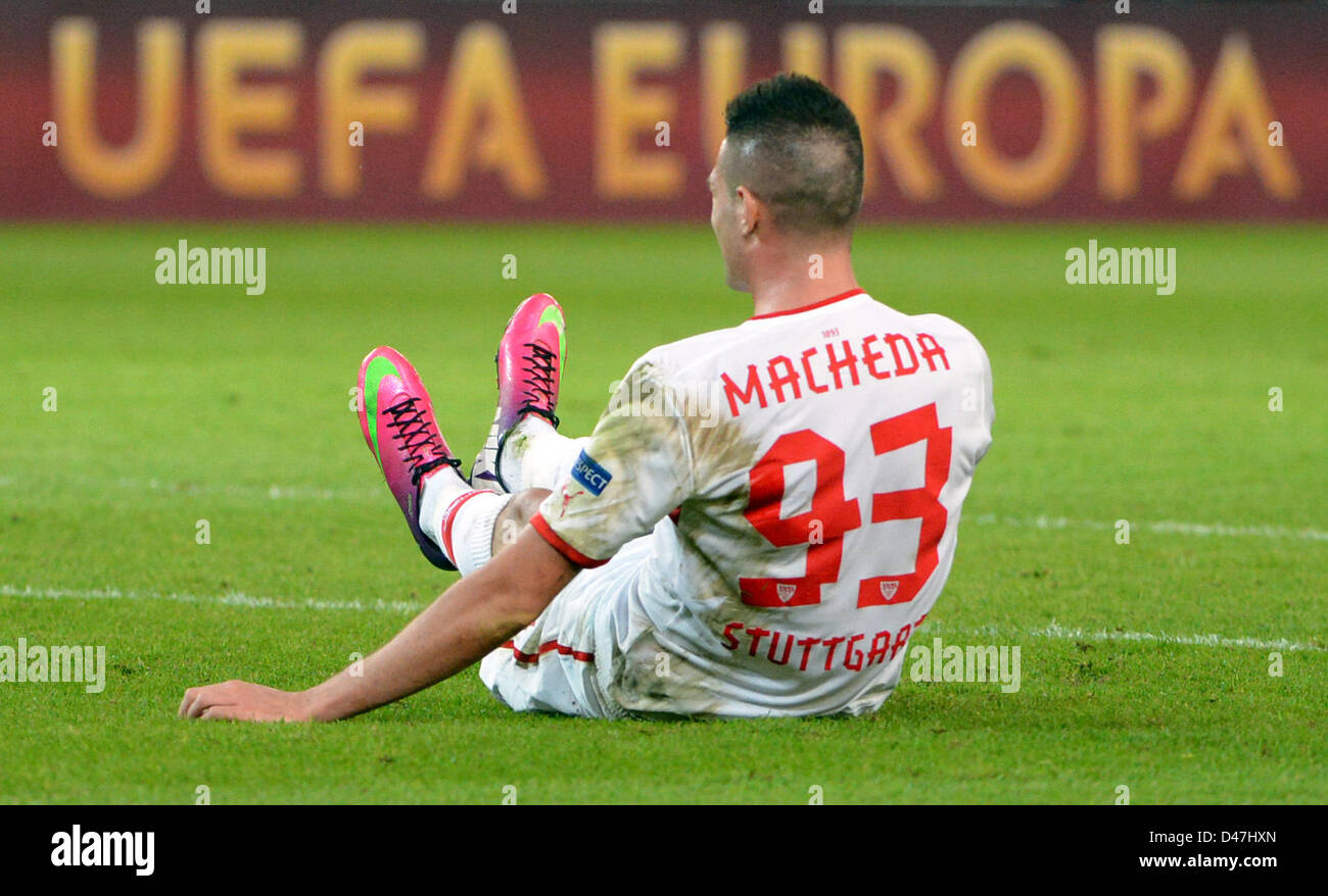 Stuttgart's Federico Macheda sits on the pitch during the UEFA Europa ...