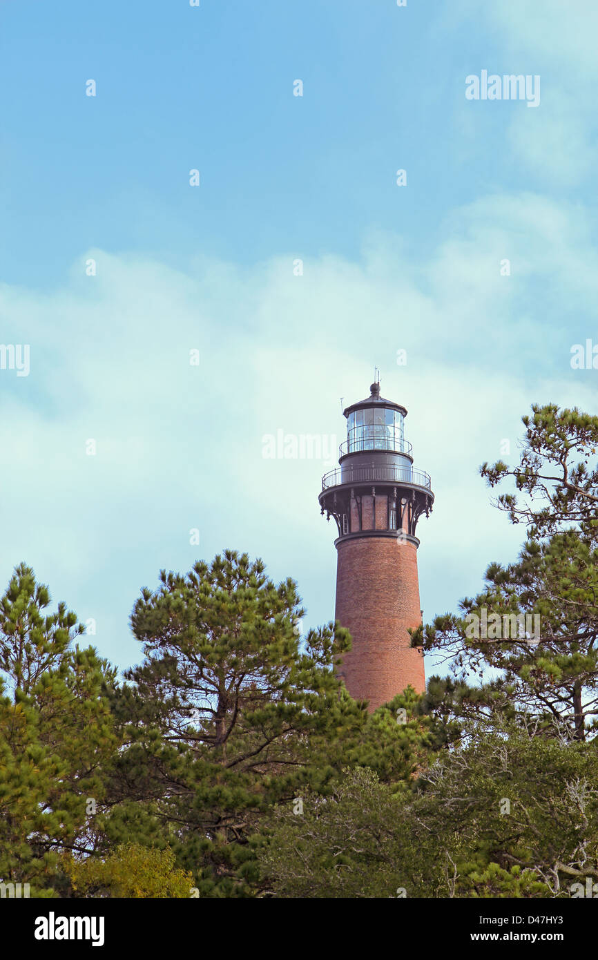 The Currituck Beach Lighthouse and pine trees near Corolla, North ...