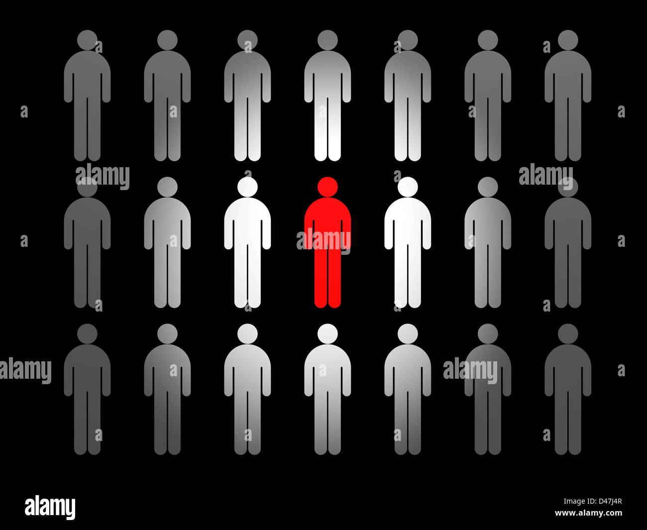 Red person in group of white against black background Stock Photo - Alamy