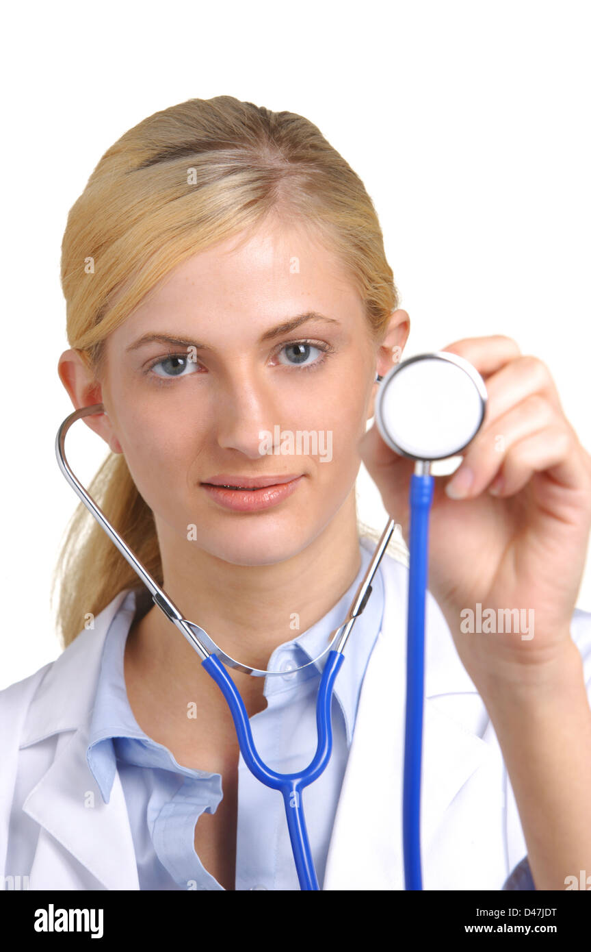 Woman Doctor Holding Stethoscope with focus on face Stock Photo - Alamy
