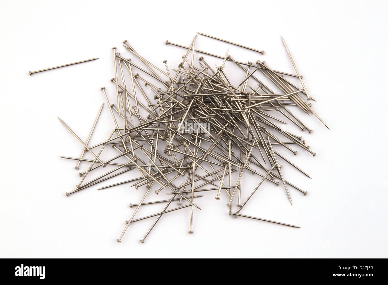 Pin used when sewing on a white background Stock Photo - Alamy
