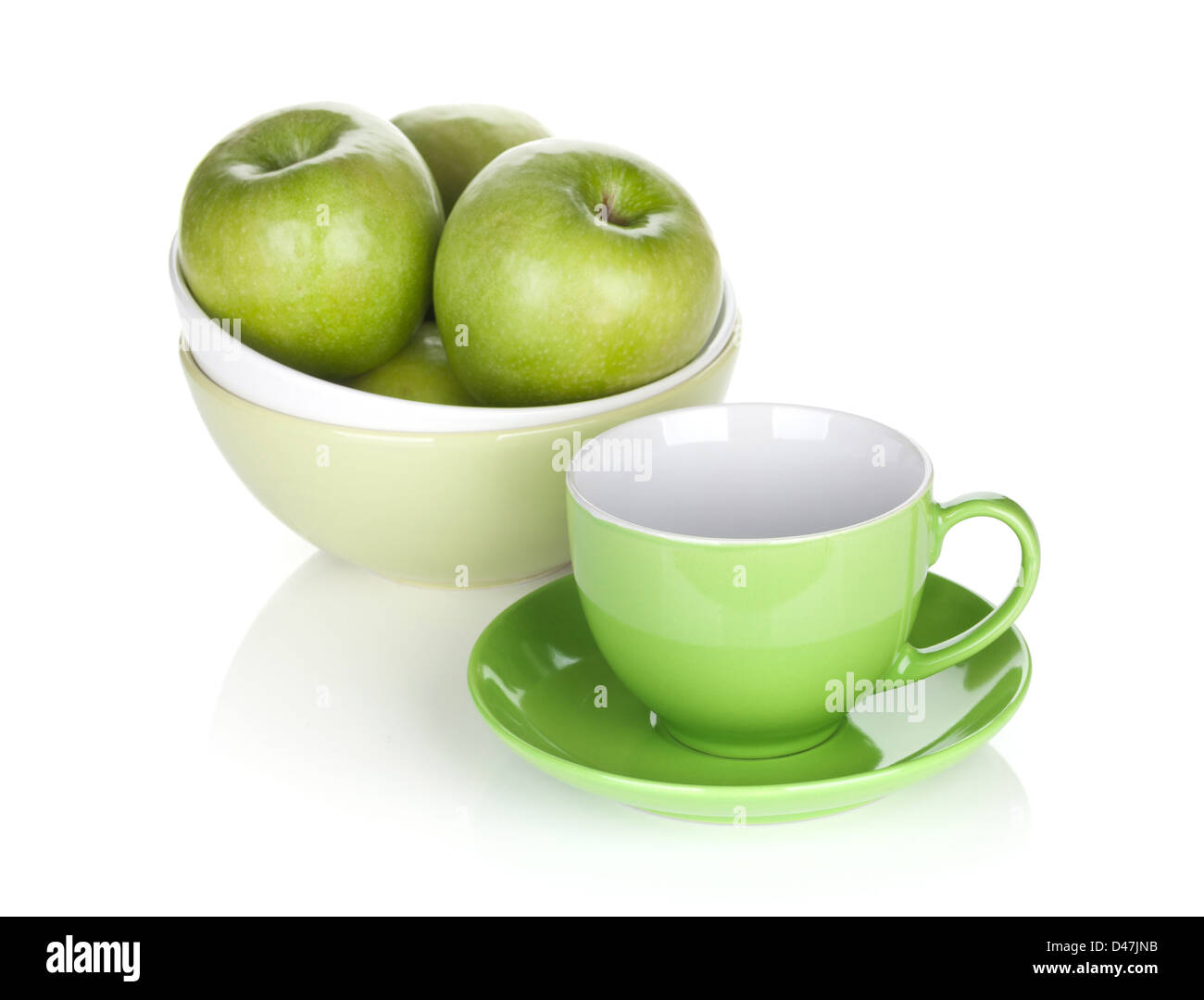 Green apples in fruit bowl and tea cup. Isolated on white background ...