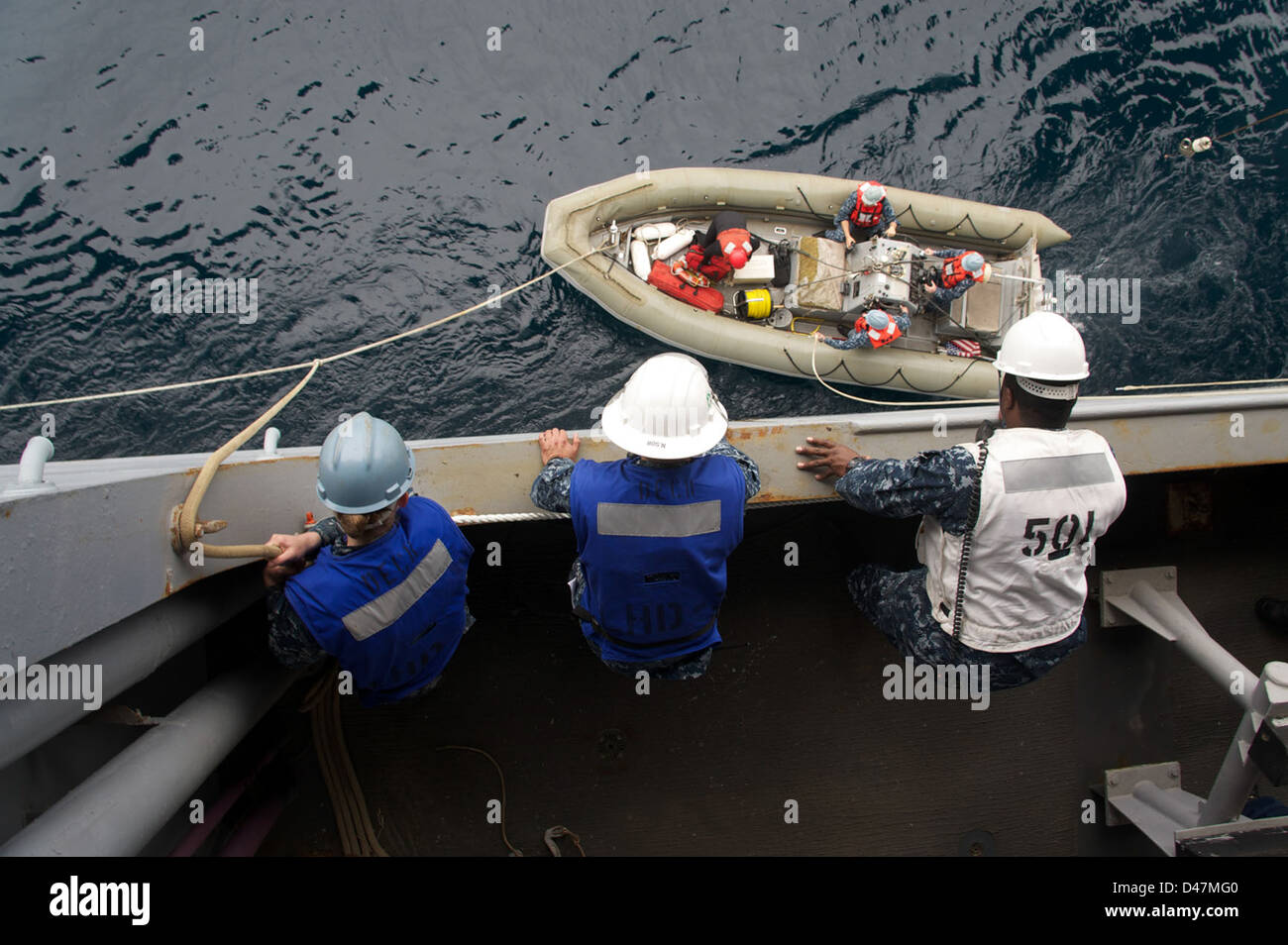 Sailors conduct a man overboard drill, retrieving a search and rescue ...