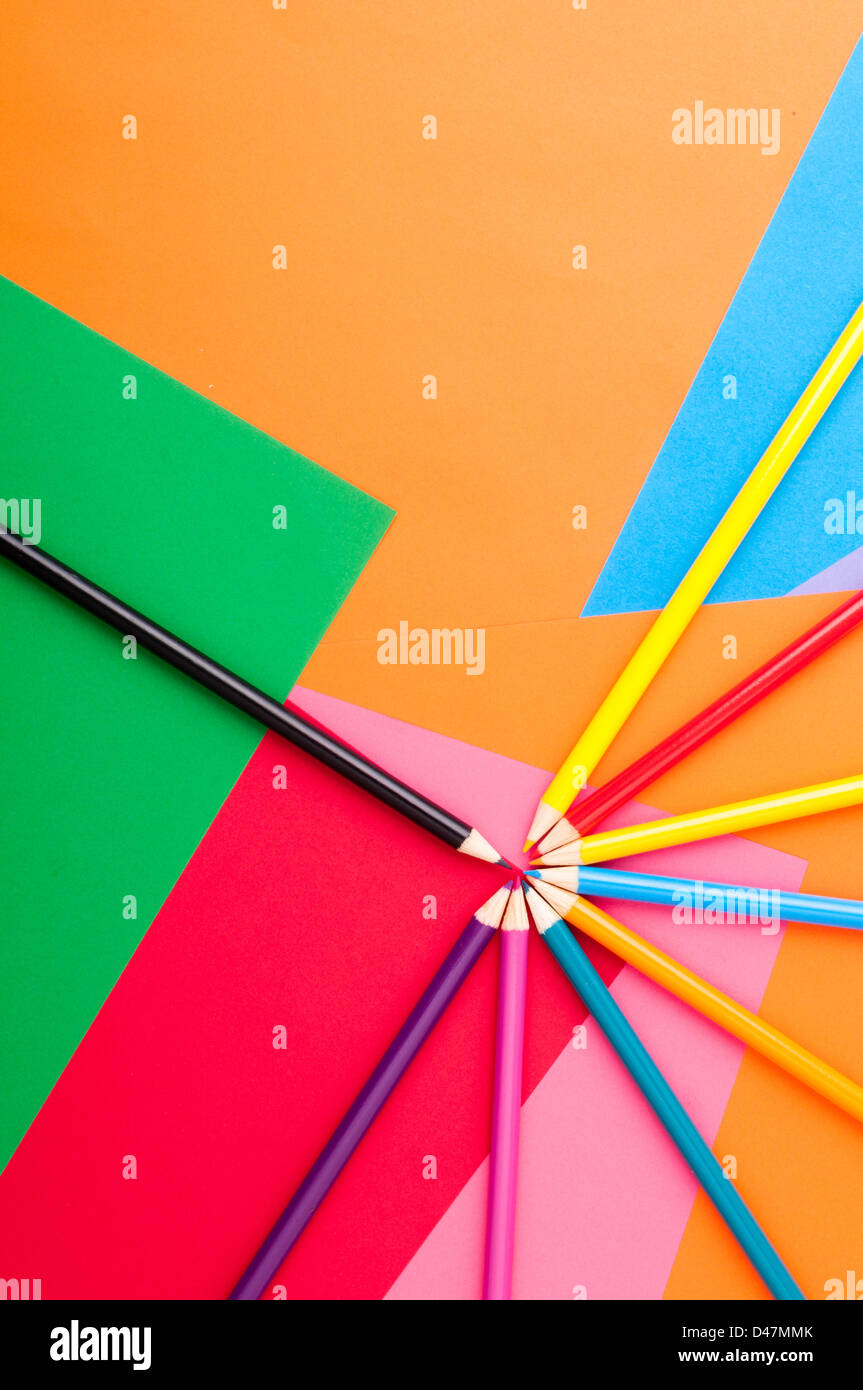 School supplies with leaves, colored pencils Stock Photo - Alamy