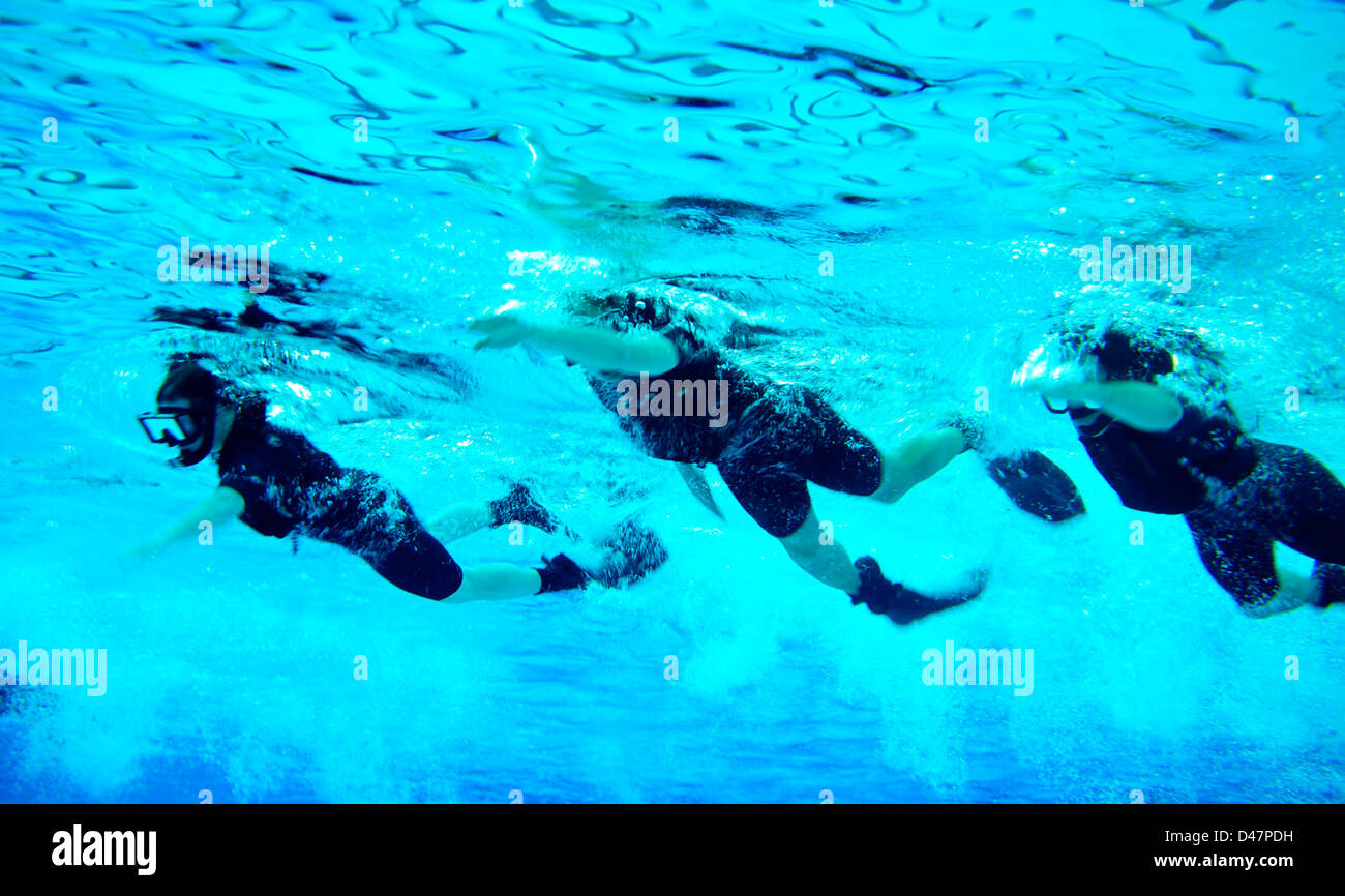 Search and Rescue swimmers undergo training in a pool at Naval Base San ...