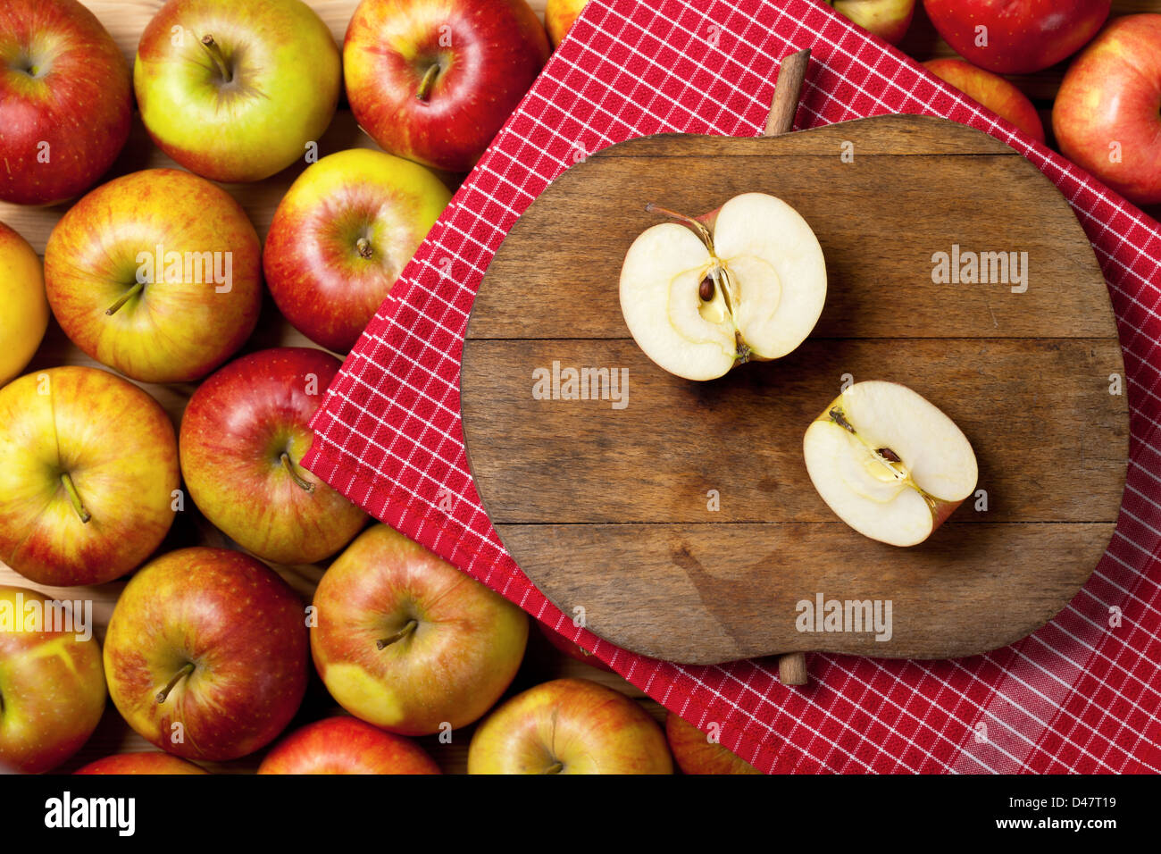 Apples composition with fruits and cutting board with apple shape. Top ...