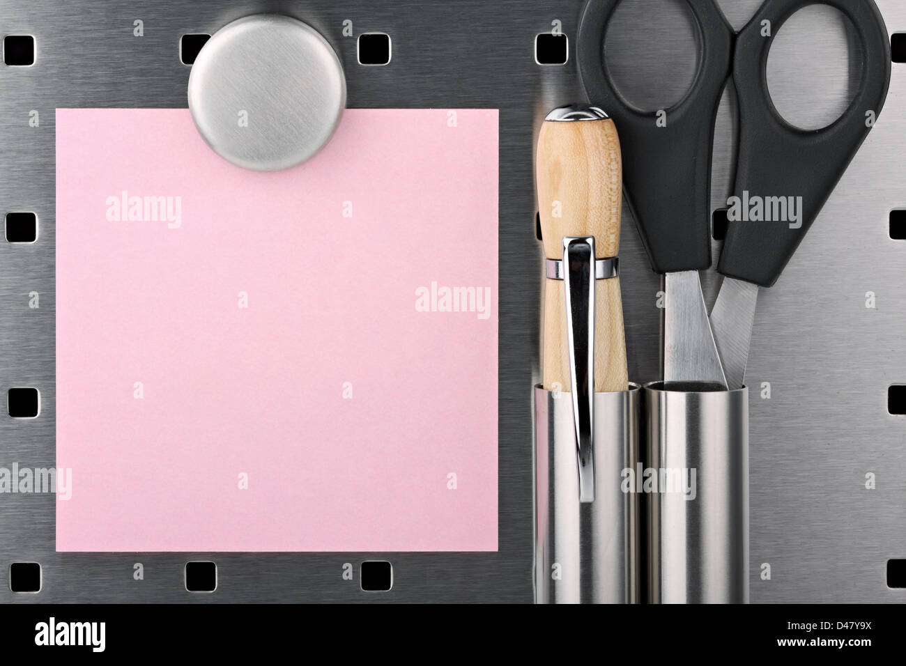 post it-notel,scissor,ball pen with Magnet on a pinboard Stock Photo ...