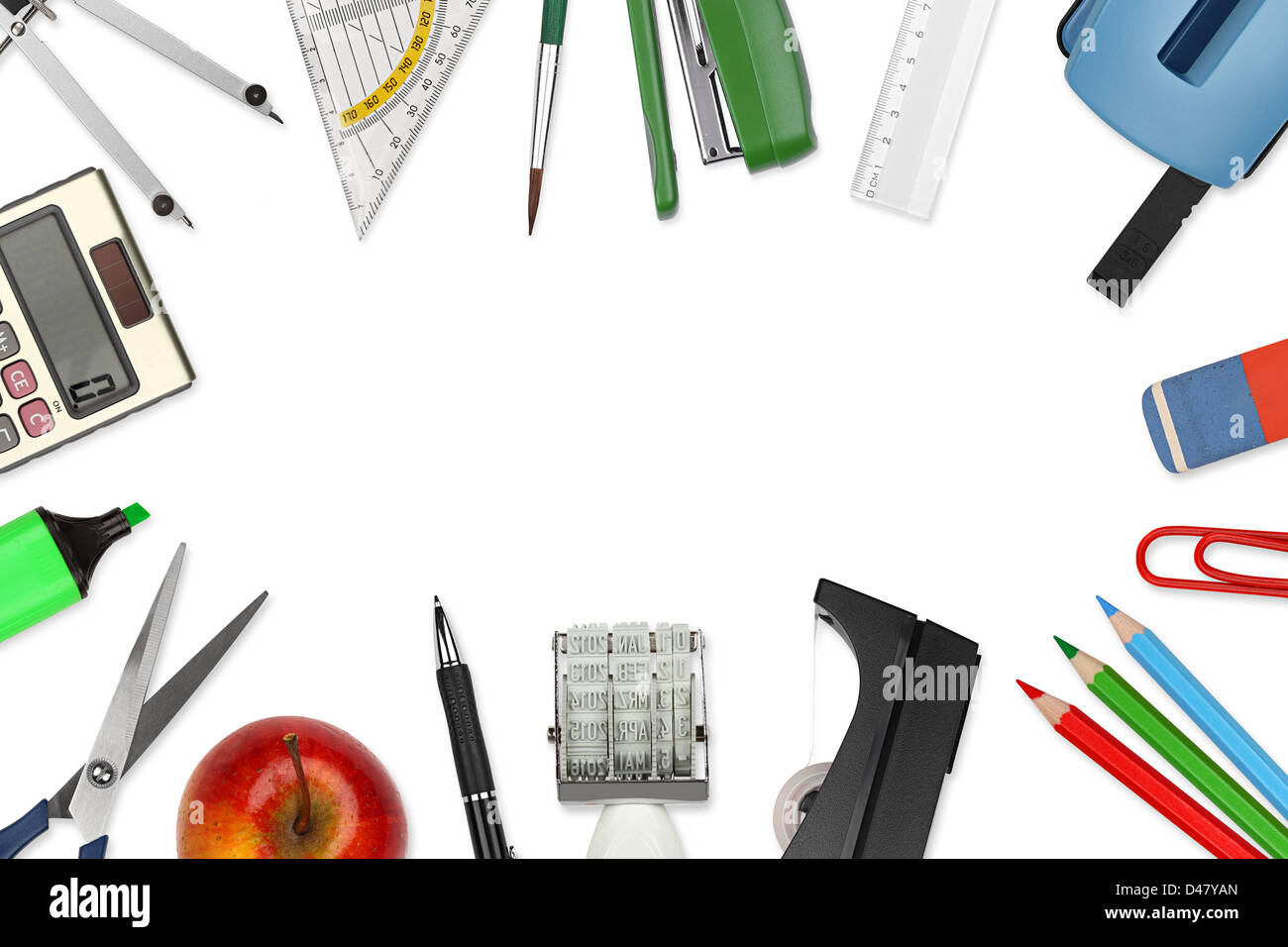 Many office tools on a white background Stock Photo - Alamy
