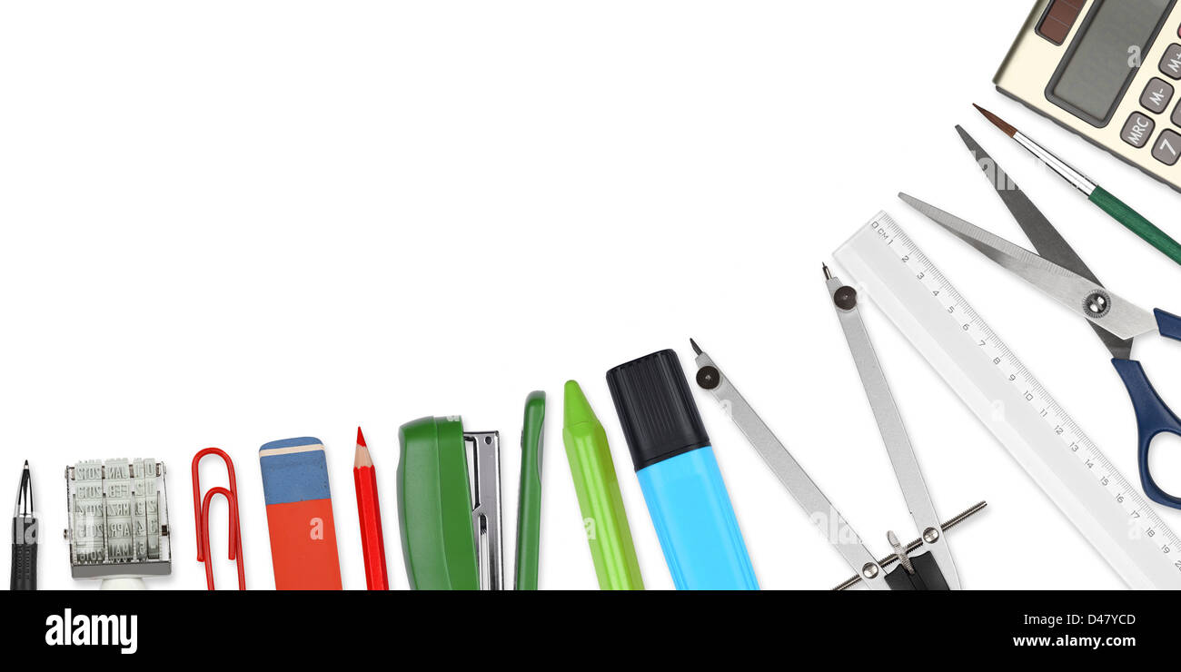 Many office tools on a white background Stock Photo - Alamy