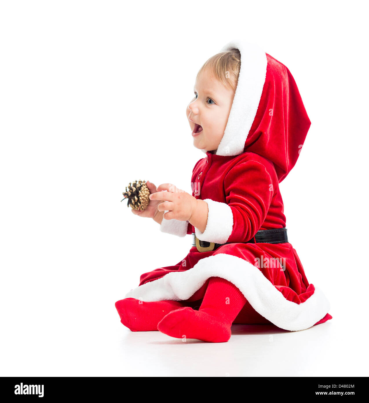 Santa Claus baby girl side view isolated on white background Stock ...