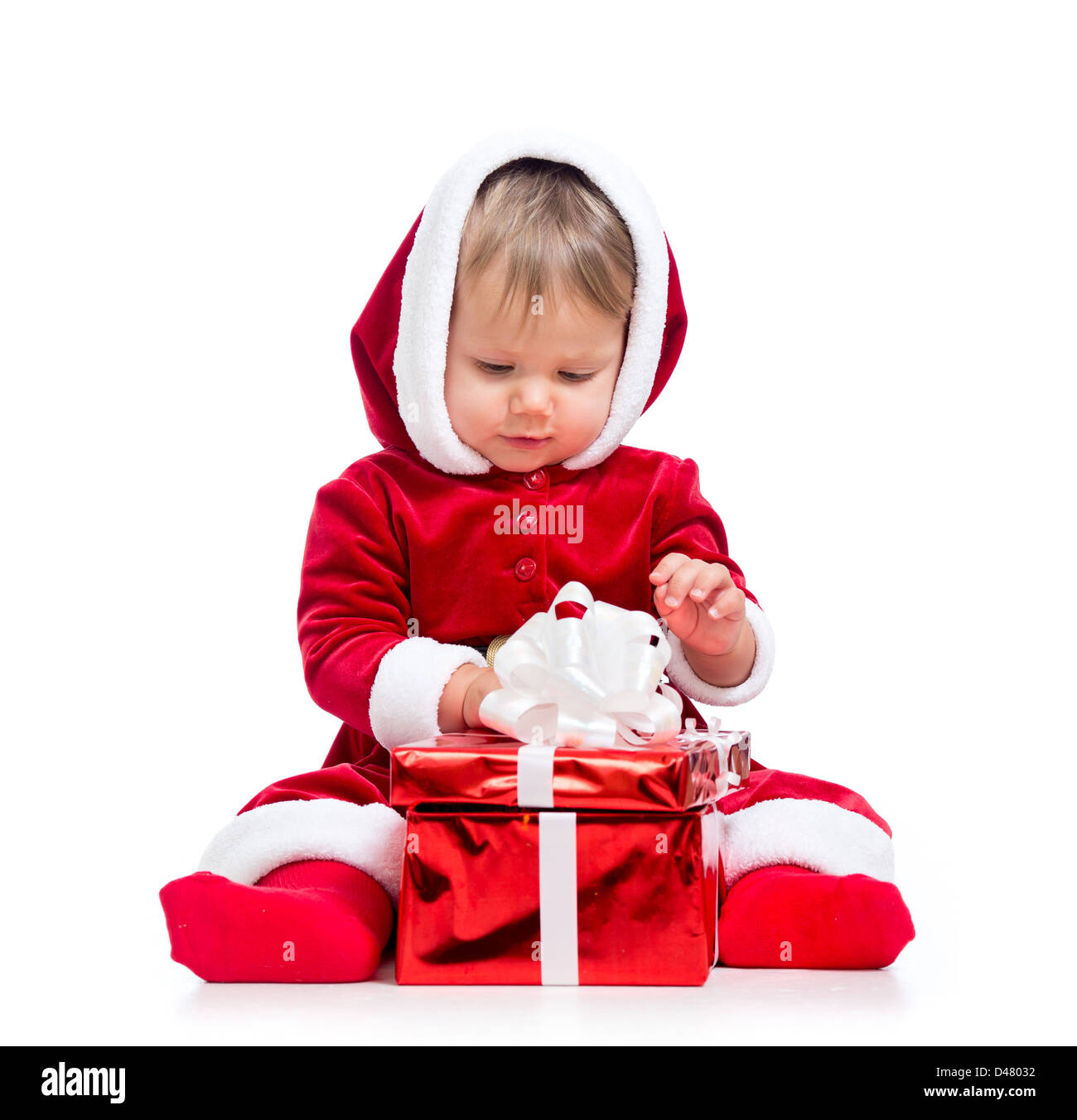 Santa Claus baby girl with gift box isolated on white background Stock ...