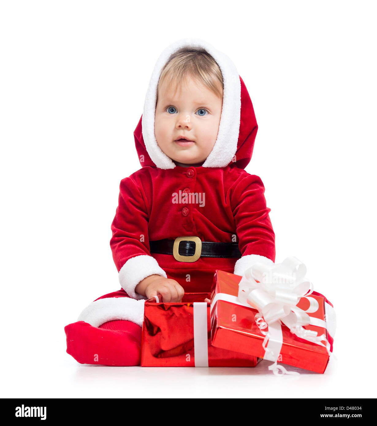 Santa Claus baby with gift box isolated on white background Stock Photo ...