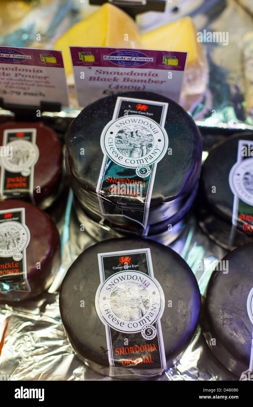 Snowdonia cheese wrapped and on display in a shop or store in North ...