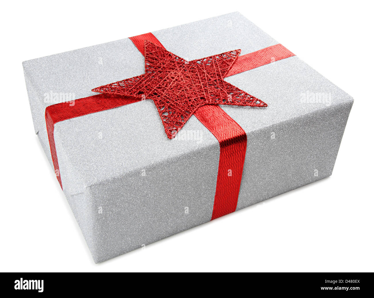 silver present with a red ribbon and star on white background Stock ...