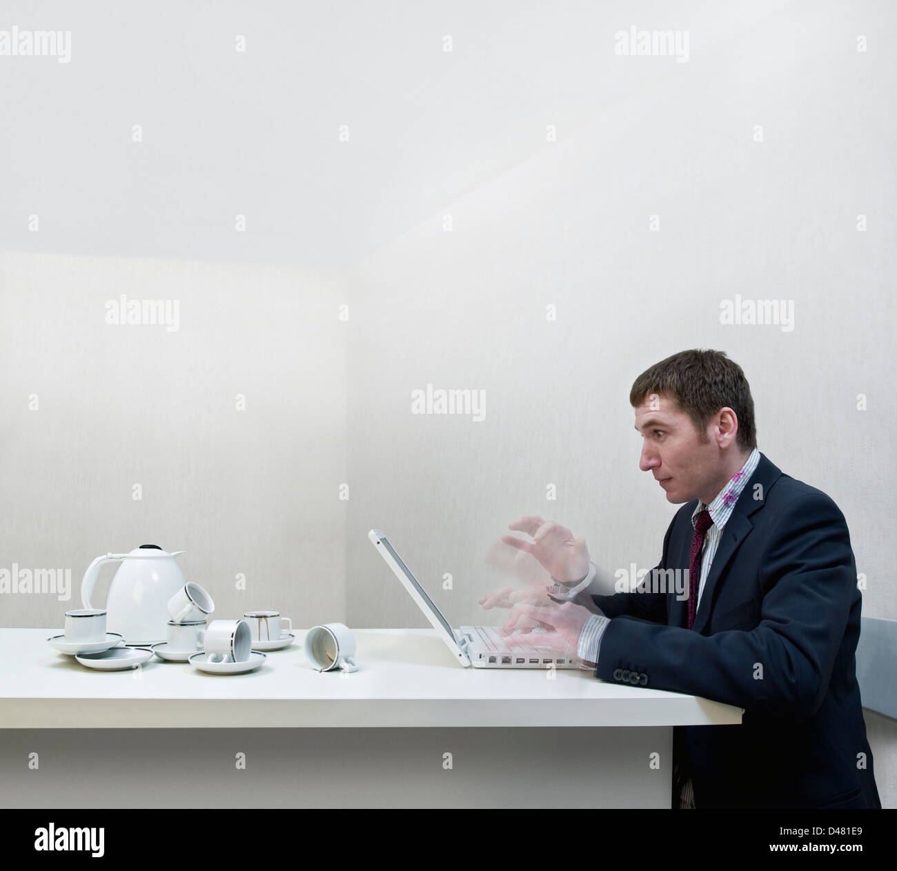 a businessman who's had too much coffee, rushing to beat a deadline ...