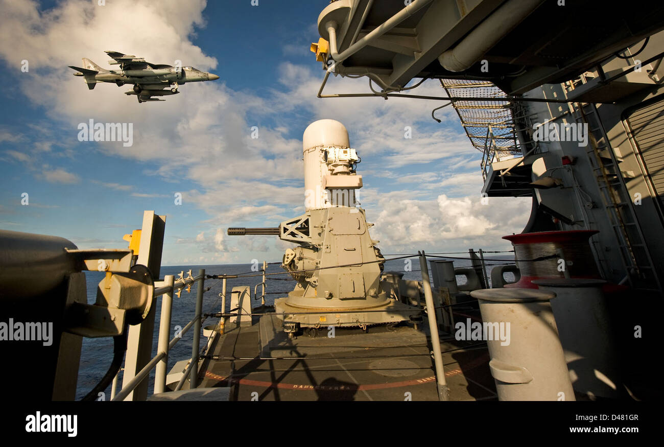 A Harrier jet approaches the flight deck of the USS Bonhomme Richard ...