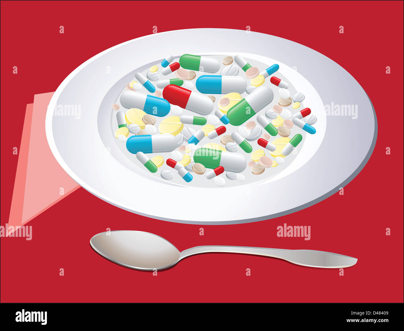 illustration of the modern Breakfast, a plate full of pills and ...