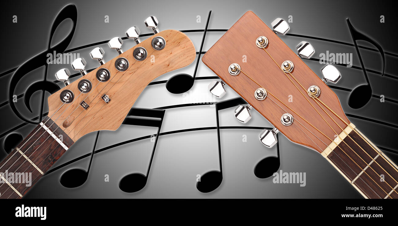 2 guitar heads on music sheet Stock Photo - Alamy