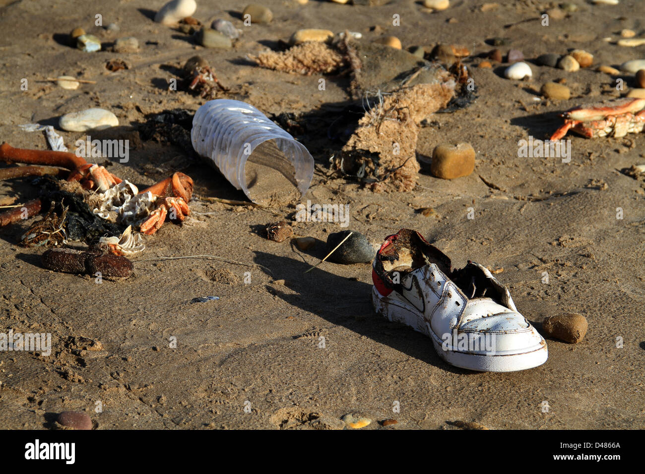 Debris on beach at high tide Stock Photo - Alamy