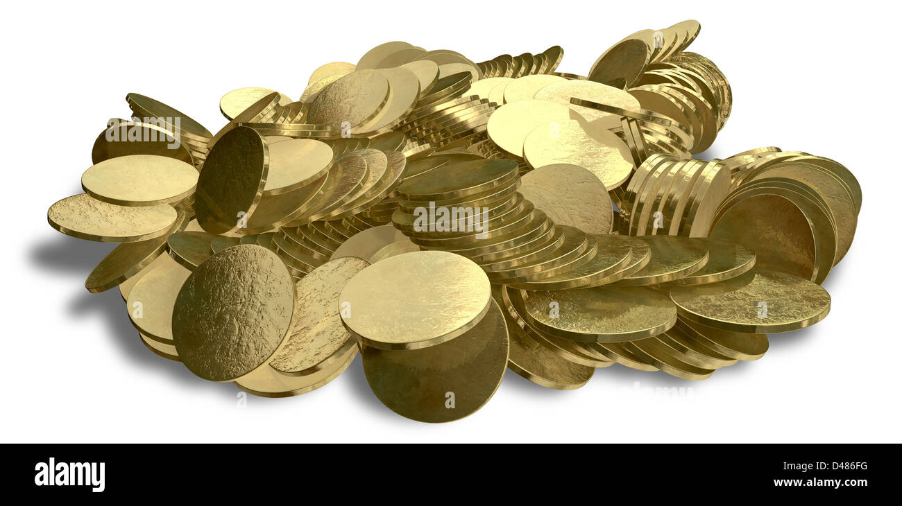 A closeup shot of a scattered heap of gold coins on an isolated ...
