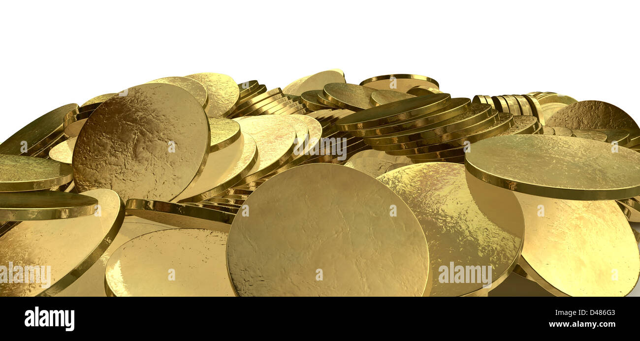 A closeup shot of a scattered heap of gold coins on an isolated ...