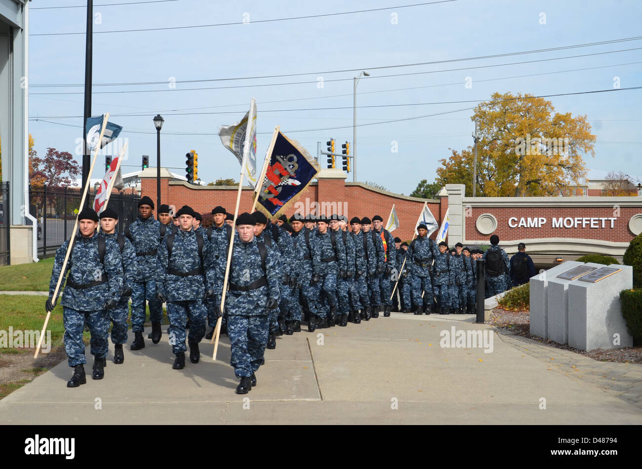 Navy recruits participate in a drill during boot camp at the Great ...