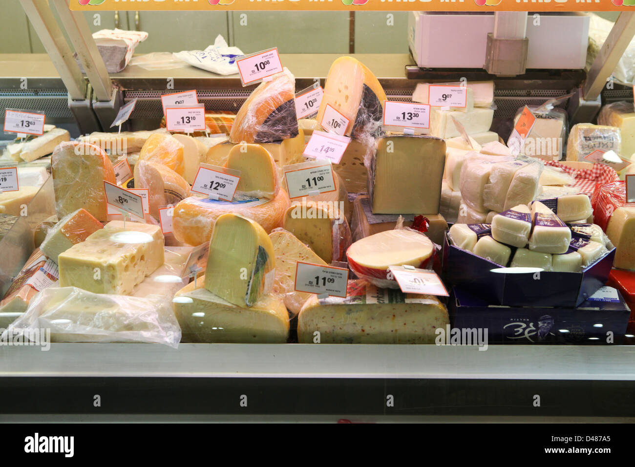 Interior of a supermarket, Cheese display photographed in Israel Stock ...
