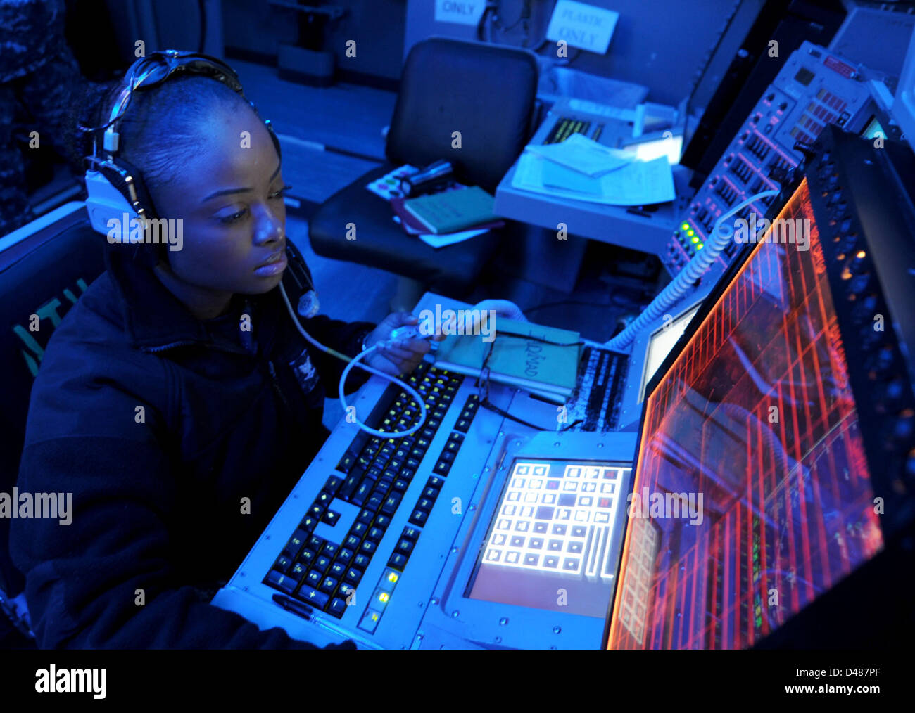 A Sailor monitors a self-defense system aboard a U.S. Navy vessel in ...