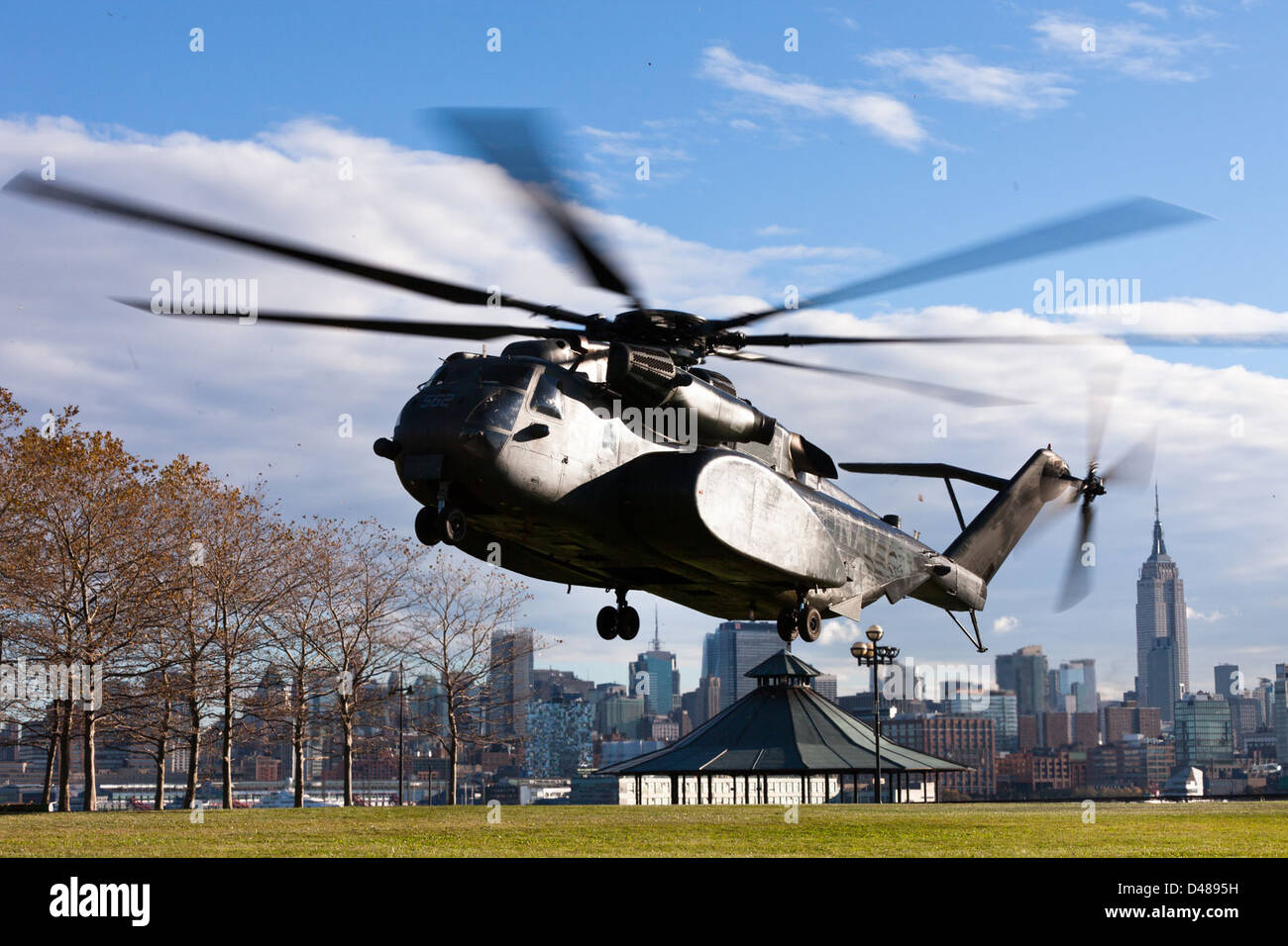 A U.S. Navy MH-53 helicopter lands in Hoboken, New Jersey, as part of ...