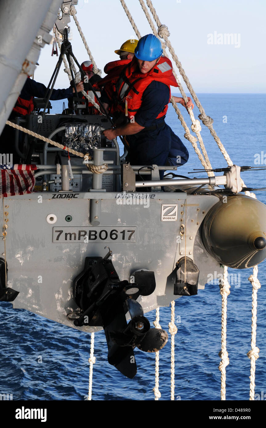 A Sailor checks the motor after a RHIB recovery Stock Photo - Alamy