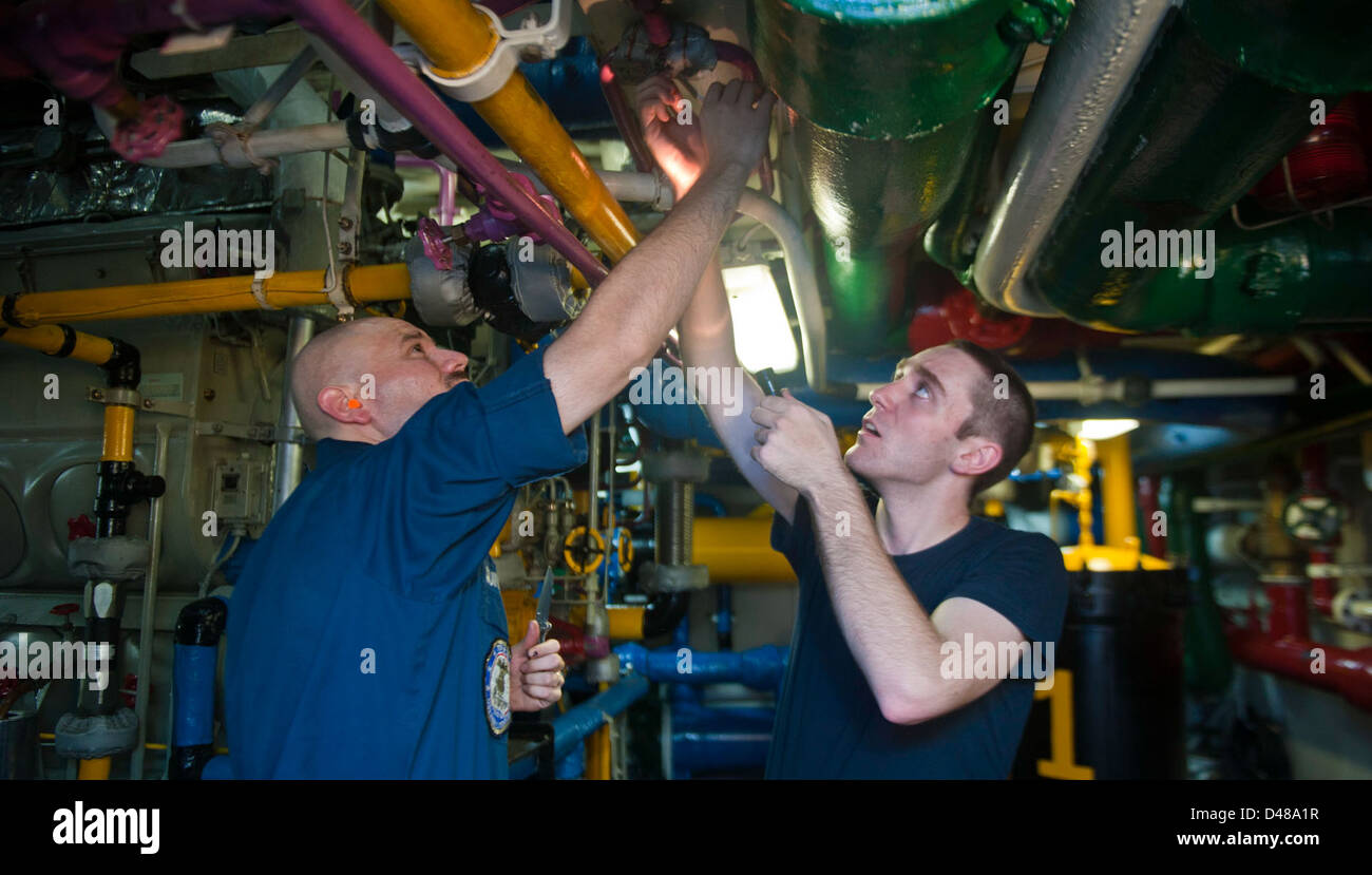 Sailors aboard a U.S. Navy ship test a generator valve in the Arabian ...