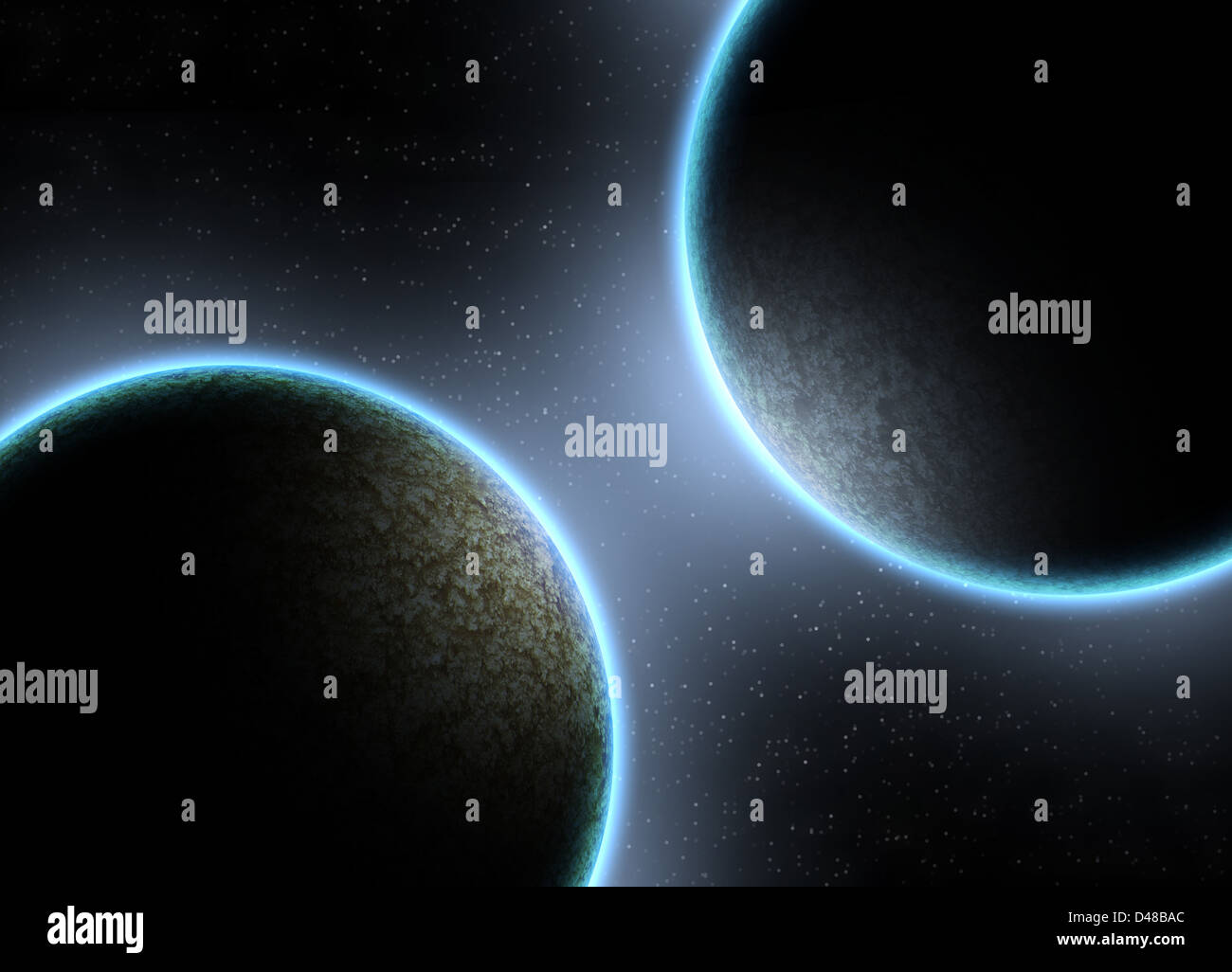 Two planets with galaxy and light effect Stock Photo - Alamy