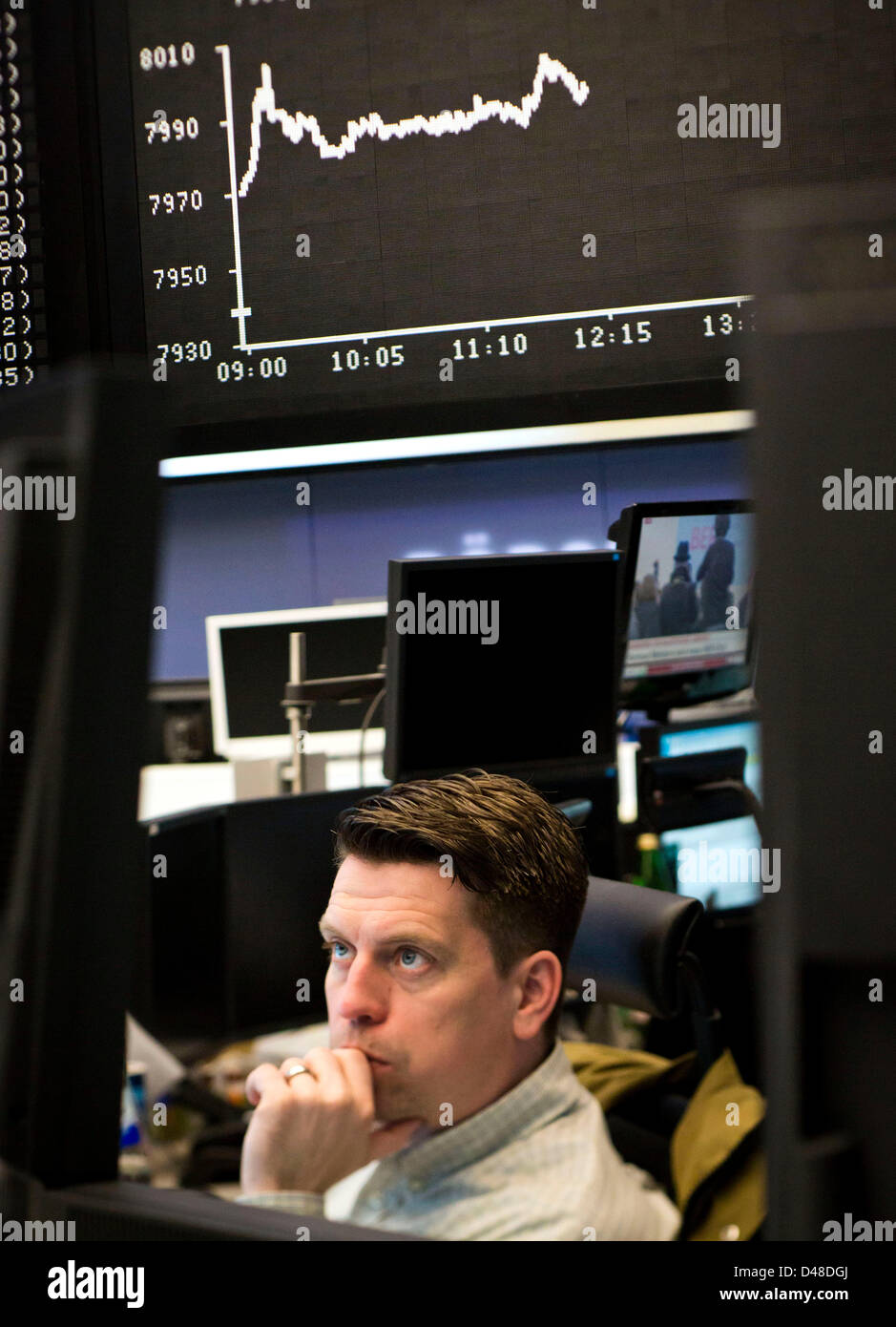 A stock exchange trader looks athis computer screens while in the ...