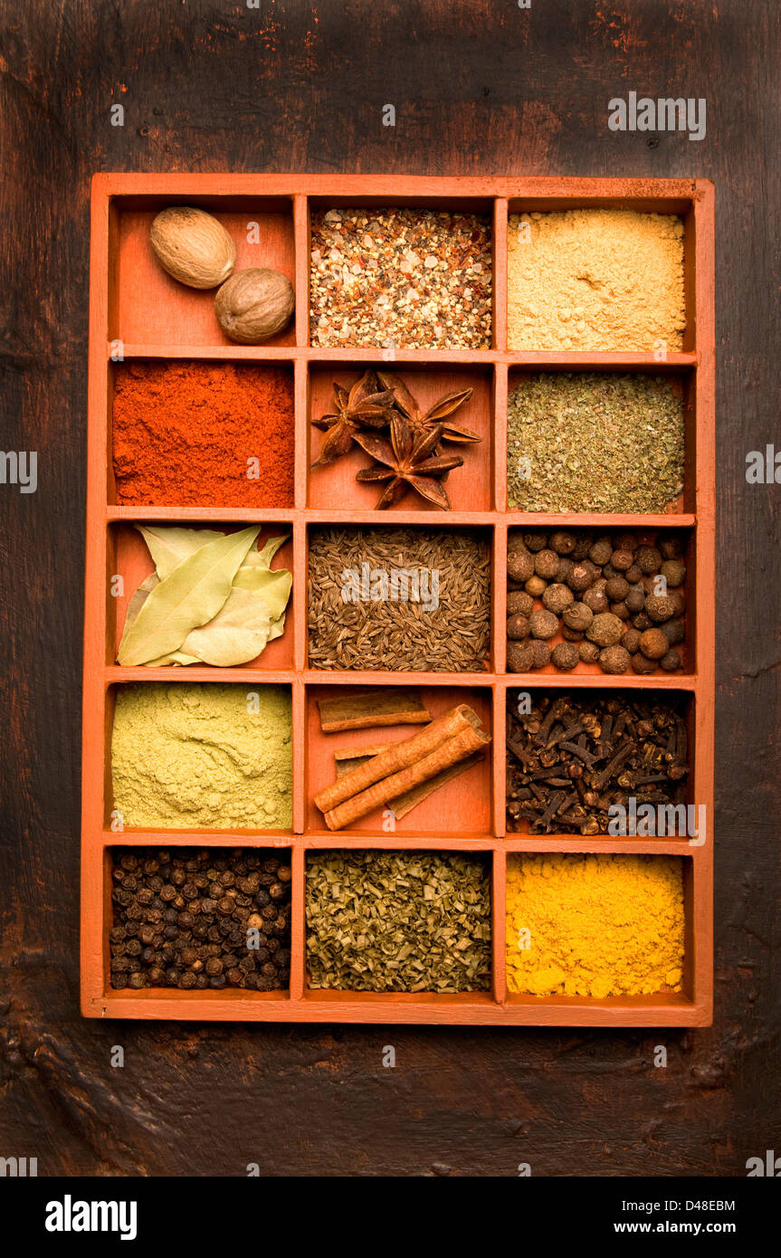 variety of spices in a box with compartments Stock Photo - Alamy
