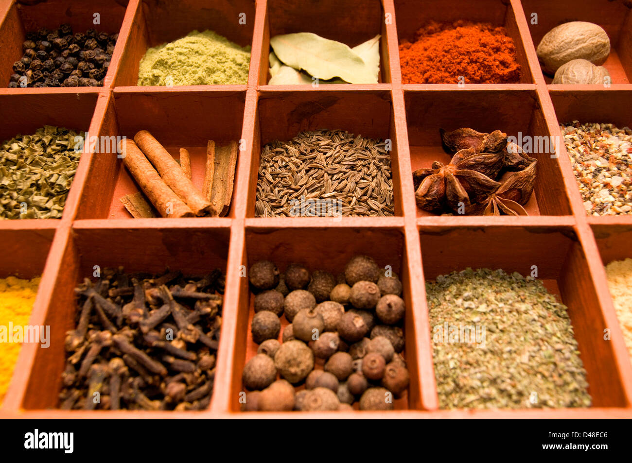 variety of spices in a box with compartments Stock Photo - Alamy