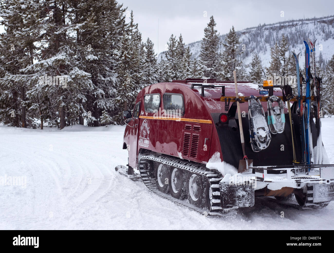 A red Bombadier snow coach in Yellowstone National Park, United States ...